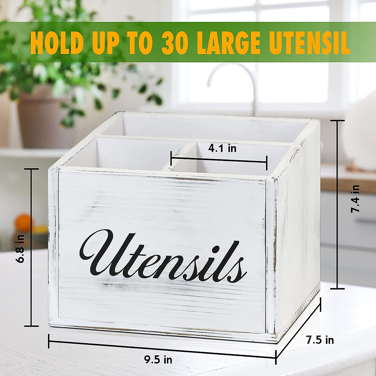 ugiftt Wooden Kitchen Utensil Holder for Countertop, Kitchen Utensil Caddy with 3 Compartments, Farmhouse Cooking Tools Storage Flatware Organizers for Silverware Forks Spoons Spatulas, Easy To Clean