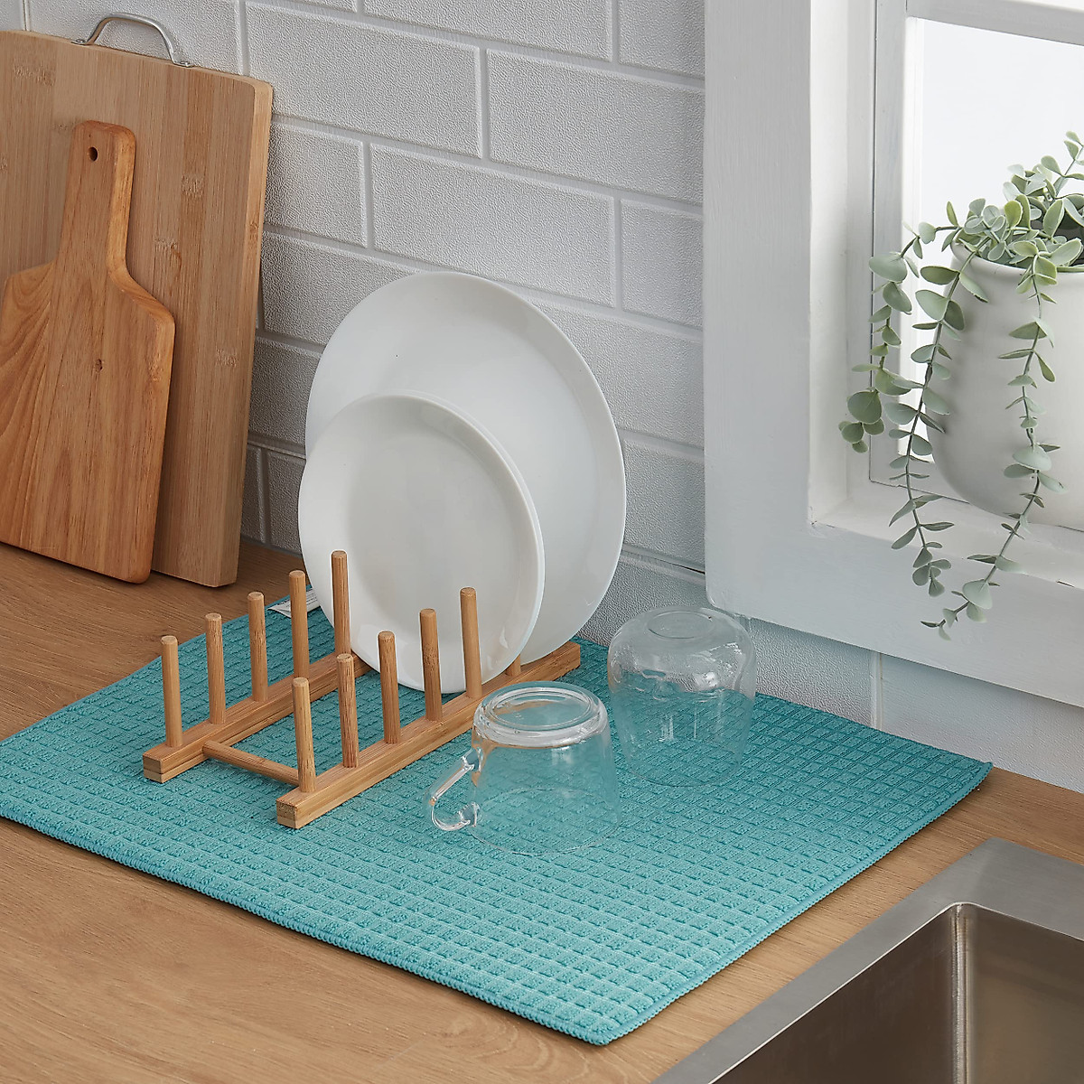 Cannon Thomas 288 Filament, 100% Polyester Microfiber Front and Mesh Back Reversible Dish Drying Mat (15"L x 20"W) for Home, Office and Restaurants, Highly Durable, Quick Drying (2 Pack, Blue)…