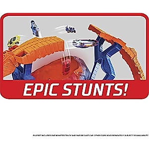 Hot Wheels Monster Trucks T-Rex Volcano Playset with 1:64 Scale Race Ace Toy Truck & 1 Toy Car, Track Set with Dinosaur Nemesis