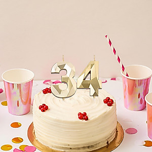 2 inch Gold 34 Birthday Candles, 3D Diamond Number 34th Cake Topper for Boys Girls Birthday Party Decorations Theme Party