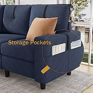 Tornama 80" L Shaped Sectional Sofas 3 Seater Couch with Reversible Ottoman Modern Linen Fabric Small Sectional Couch for Living Room, Apartment, Small Space, Blue