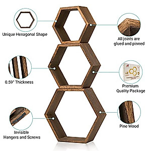 Wooden Hexagon Floating Shelves, Set of 3 Large Wall Mounted Shelf for Home, Room, Kitchen Or Office Decor, Geometric Hexagonal Rustic Farmhouse Natural Wood