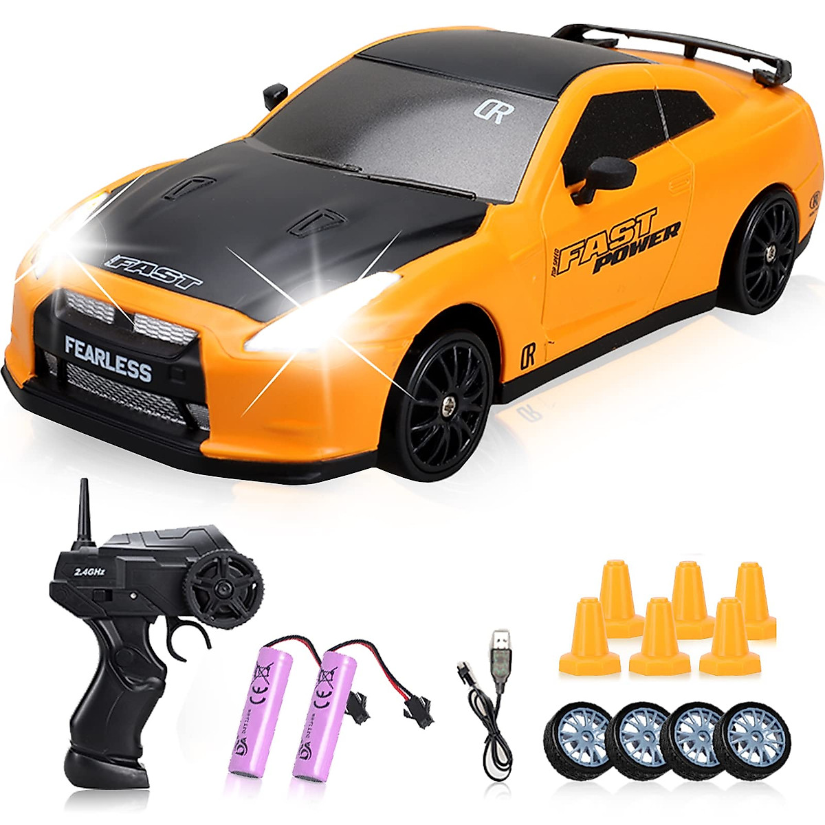 YUAN PLAN Remote Control Car 1/24 2.4GHz 4WD RC Drift Car, Rechargeable High Speed RC Cars with Cool Lights, Batteries and Extra Tires Birthday Gifts for Kids