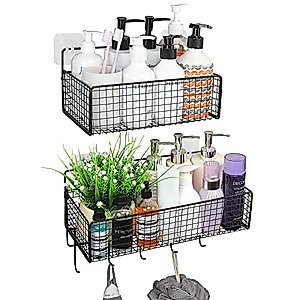 Livabber Adhesive Shower Caddy Basket Shelf with Hooks, All Metal Bathroom Organizer Shelf Rustproof Storage Basket No Drilling Wall Mounted, 2-in-1 Space Saving Kitchen Spice Racks, 2 Pack, Black