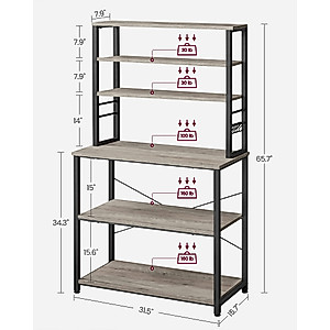 VASAGLE Coffee Bar, 31.5 Inches Baker's Rack for Kitchen with Storage, 6-Tier Kitchen Shelves with 6 Hooks, Microwave Stand, Industrial, Greige and Black UKKS019B02