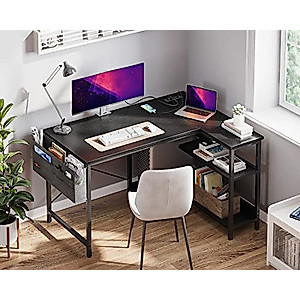 ODK 40 Inch Small L Shaped Gaming Computer Desk with Power Outlets, Reversible Storage Shelves & PC Stand for Home Office, Simple Writing Study Table with Storage Bag for Small Space, Black