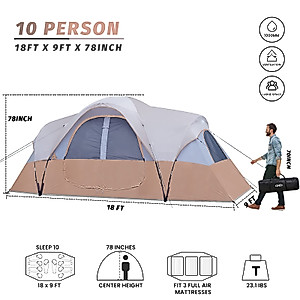 UNP Camping Tent 10-Person-Family Tents, Parties, Music Festival Tent, Big, Easy Up, 5 Large Mesh Windows, Double Layer, 2 Room, Waterproof, Weather Resistant, 18ft x 9ft x78in (Khaki Brown)