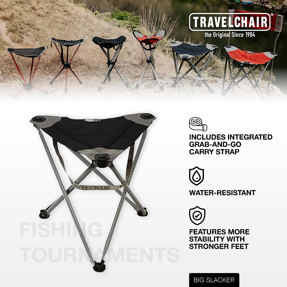 Travel Chair Big Slacker Stool, Portable Tripod Chair for Outdoor Adventures, Folding Travel Stool, Black