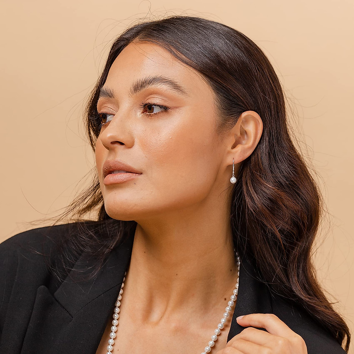 PAVOI Sterling Silver Simulated Shell Pearl Earrings Leverback Dangle Studs 6mm