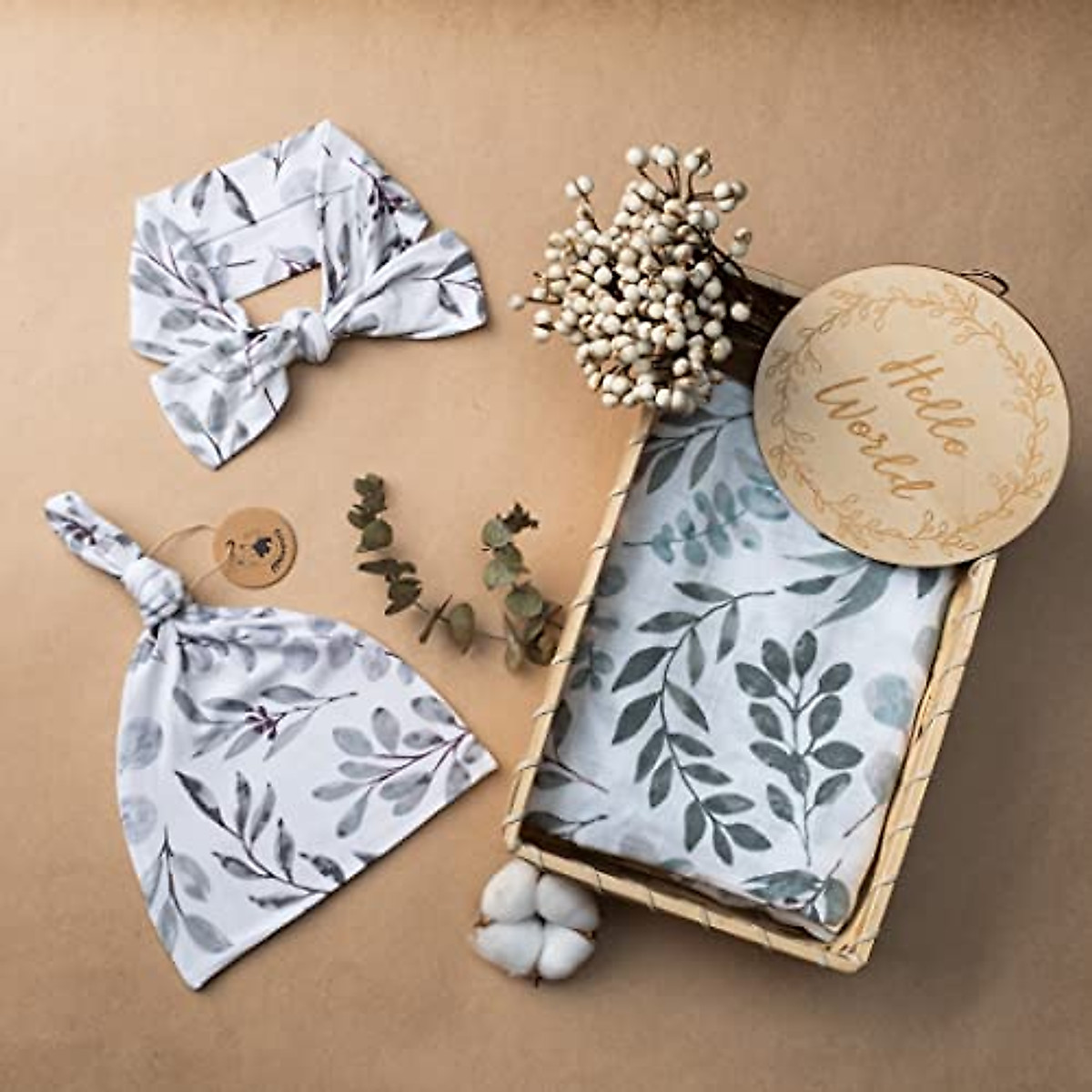 Miaoberry 100% Organic Eucalyptus Muslin Swaddle Set with Hat and Bow