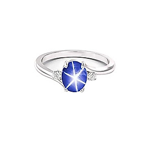 HRG Lindy Star Ring 6 Rays Blue Sapphire Star Ring 7x5mm Oval Cabochon Ring Anniversary Ring Handmade RingSolitaire Ring (Sterling Silver, 6)