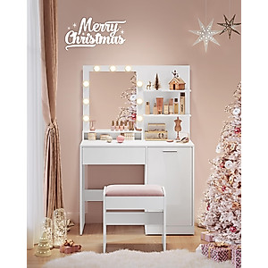 VASAGLE Vanity Desk with Mirror and Lights, 35.4-Inch Wide Makeup Vanity with Upholstered Vanity Stool, Power Outlets, Dimmable LED Lights, Storage Drawer, for Bedroom, Cloud White URDT128W01