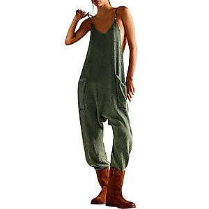 morhuduck Women's Sleeveless Jumpsuits Casual Waffle Knit Rompers V Neck Loose Overalls Spaghetti Strap One Piece Jumpsuits with Pockets,Green S