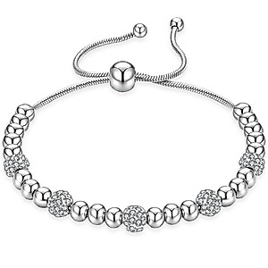 Jude Jewelers Stainless Steel Cubic Zircon Beads Adjustable Size Holiday Wedding Birthday Statement Anniversary Valentines Bracelet (Silver)