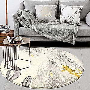 HAOCOO Round Area Rugs 3' Diameter Modern Abstract Beige Marble Throw Rugs Super Soft Velvet Non-Slip Chic Distressed Accent Floor Carpet for Bedroom Living Room Nursery Decor