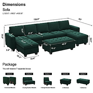 Belffin Modular Sectional Sofa Set Velvet U Shaped Sofa Set with Reversible Wide Chaise Convertible Corner Sectional Sofa Couch Set with Storage Ottoman Green