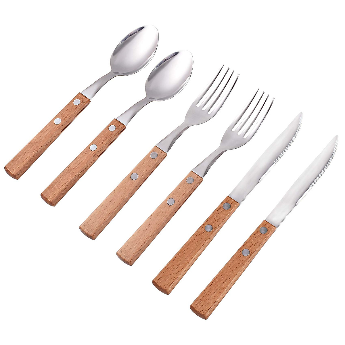 Lnrkai Cutlery Sets of 6, Dinner Spoons, Knife and Fork Set, Stainless Steel with Wooden Wide Handles, Flatware Set Tableware Dinnerware, Service for 2 Adult