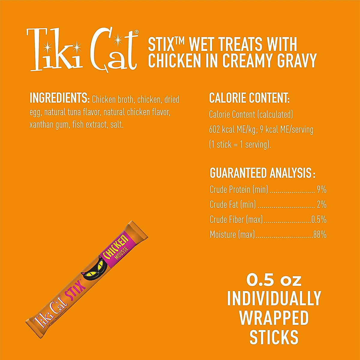 Tiki Cat Stix Mousse Treats, Single Serve Indulgent Lickable Treat or Dry Food Topper, with Chicken in Creamy Gravy, 0.5 oz. Servings (20 Count)