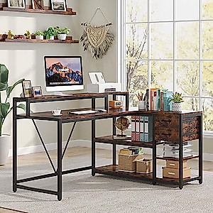 Tribesigns Reversible L Shaped Desk with Drawer, Industrial Corner Desk Home Office Table with Storage Shelves and Monitor Stand, Rustic Wooden and Metal PC Desk for Small Space (Rustic)
