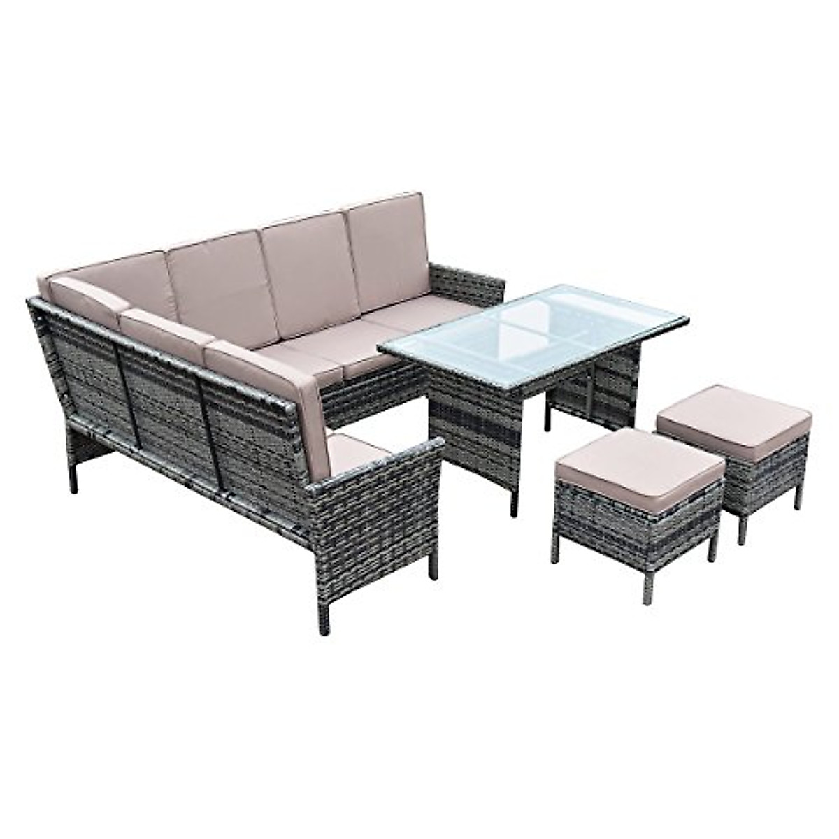 Tangkula 5 Pieces Patio Furniture Set Wicker Rattan Steel Frame Patio Outdoor Garden Conversation Set High Back Sectional Sofa Set with Tempered Glass Top Dining Table