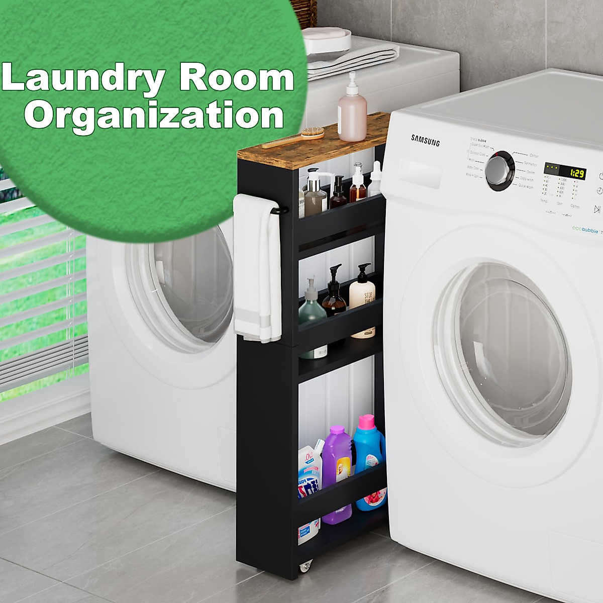 MARTY Rolling Storage Cart 4-Tier Black Kitchen Cart on Wheels, Slim Storage Cart with Handle Slide Out Utility Cart Shelving Unit Organizer Trolley for Laundry Narrow Places Bathroom Small Corner