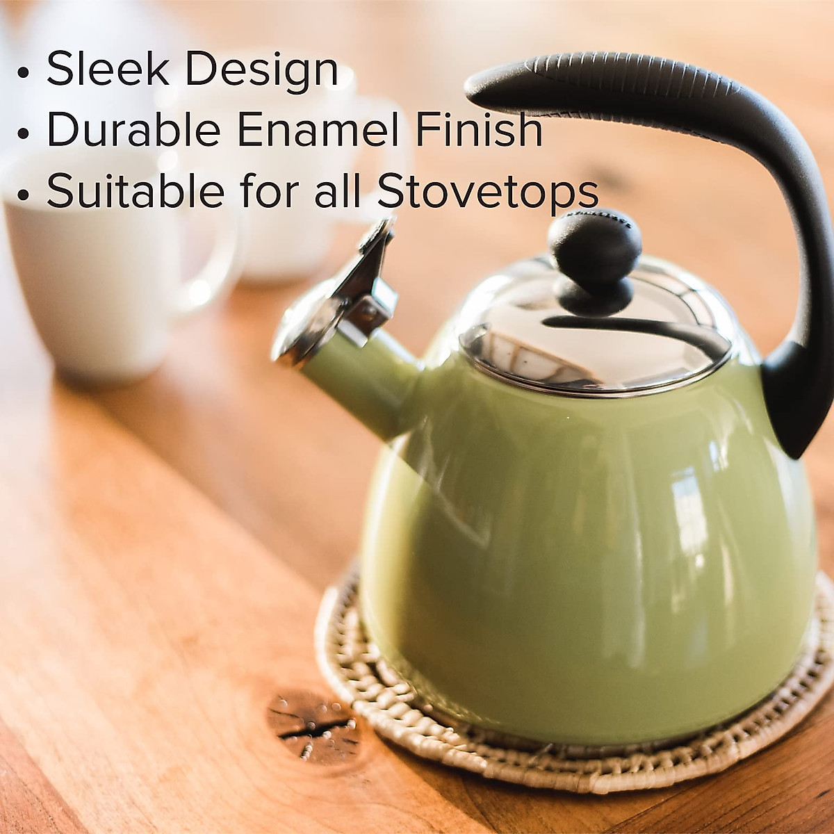 Farberware Bella Water Kettle, Whistling Tea Pot, Works For All Stovetops, Porcelain Enamel on Carbon Steel, BPA-Free, Rust-Proof, Stay Cool Handle, 2.5qt (10 Cups) Capacity (Apple)