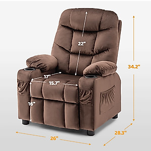 MCombo Big Kids Recliner for Ages 3+, Child Recliner Chair, Toddlers Recliner Sofa with Cup Holders (Velvet, Brown)