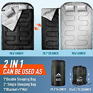 MEREZA Double Sleeping Bag for Adults Mens with Pillow, XL Queen Size Two Person Sleeping Bag for All Season Camping Hiking Backpacking for Cold Weather & Warm Black