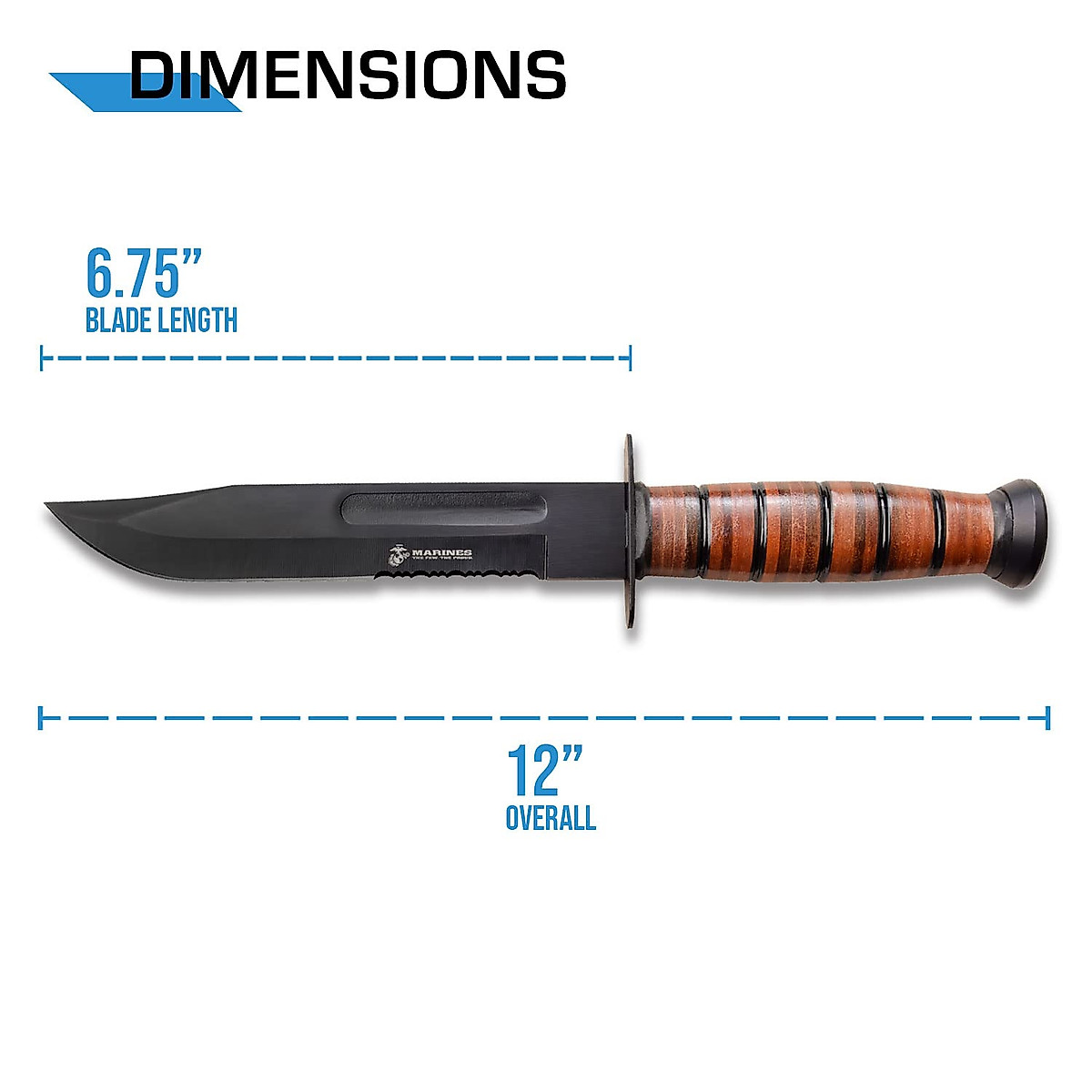 MTech USA – Fixed Blade Knife – Black, Partially Serrated Blade, Leather Wrapped Handle, Includes Leather Sheath with U.S. Marines Logo, Hunting, Camping, Survival, Tactical, EDC - MT-122MR