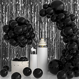 MEEZY 3Pack 3.2ft x 8.2ft Black Foil Fringe Curtains Backdrop Metallic Foil Tinsel Streamers with Black Balloons for Graduation Bachelorette Baby Shower Wedding Birthday Bridal Shower Party Decor