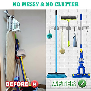2 Pack 3 Racks and 4 Hooks Broom Holder Wall Mount SUS 304 Stainless Steel Brushed Garage Organizer Storage Tool Racks Self Adhesive Heavy Duty Broo Hangers for Home Laundry Room Garden Kitchen