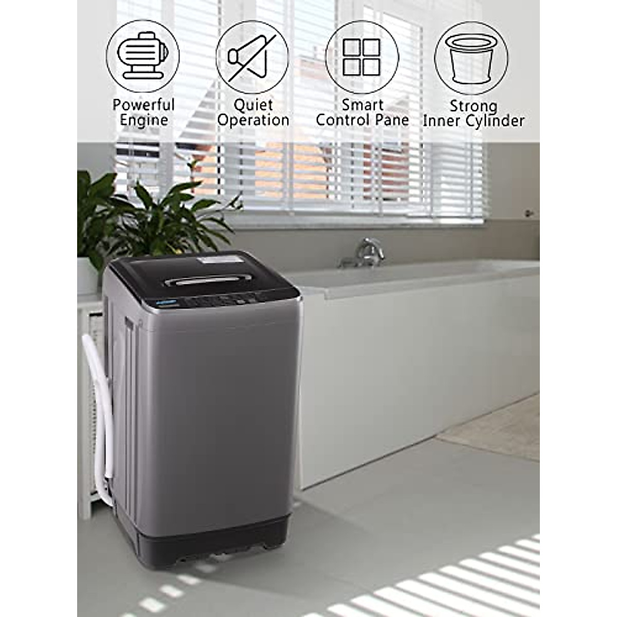 Krib Bling Full-Automatic Washing Machine with Drain Pump, 17.7 lbs Compact Washer, 10 Wash Program & 8 Water Level, Ideal for Apartment, Dorm, RV Grey