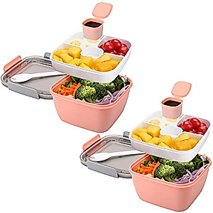 Ylebs 2 Pack Bento Box Adult Lunch Box,52-oz Salad Bowls,3 Compartment Tray with Salad Dressings Container,Used to Meal Pre-prepare Food Fruit Snack,Leak Proof (Pink)