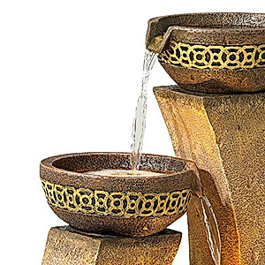 Four Bowl Modern Rustic Outdoor Cascading Floor Water Fountain with LED Light Faux Stone 41" for Yard Garden Patio Backyard Deck Home Lawn Porch House Exterior Balcony - John Timberland