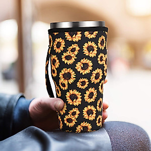 2 Pieces Reusable Iced Coffee Cup Sleeve Neoprene Cup Insulator Sleeve Cup Cover Insulated Sleeves Drinks Sleeve Holder for 30 oz Cold Hot Beverages, 2 Styles（Sunflower）
