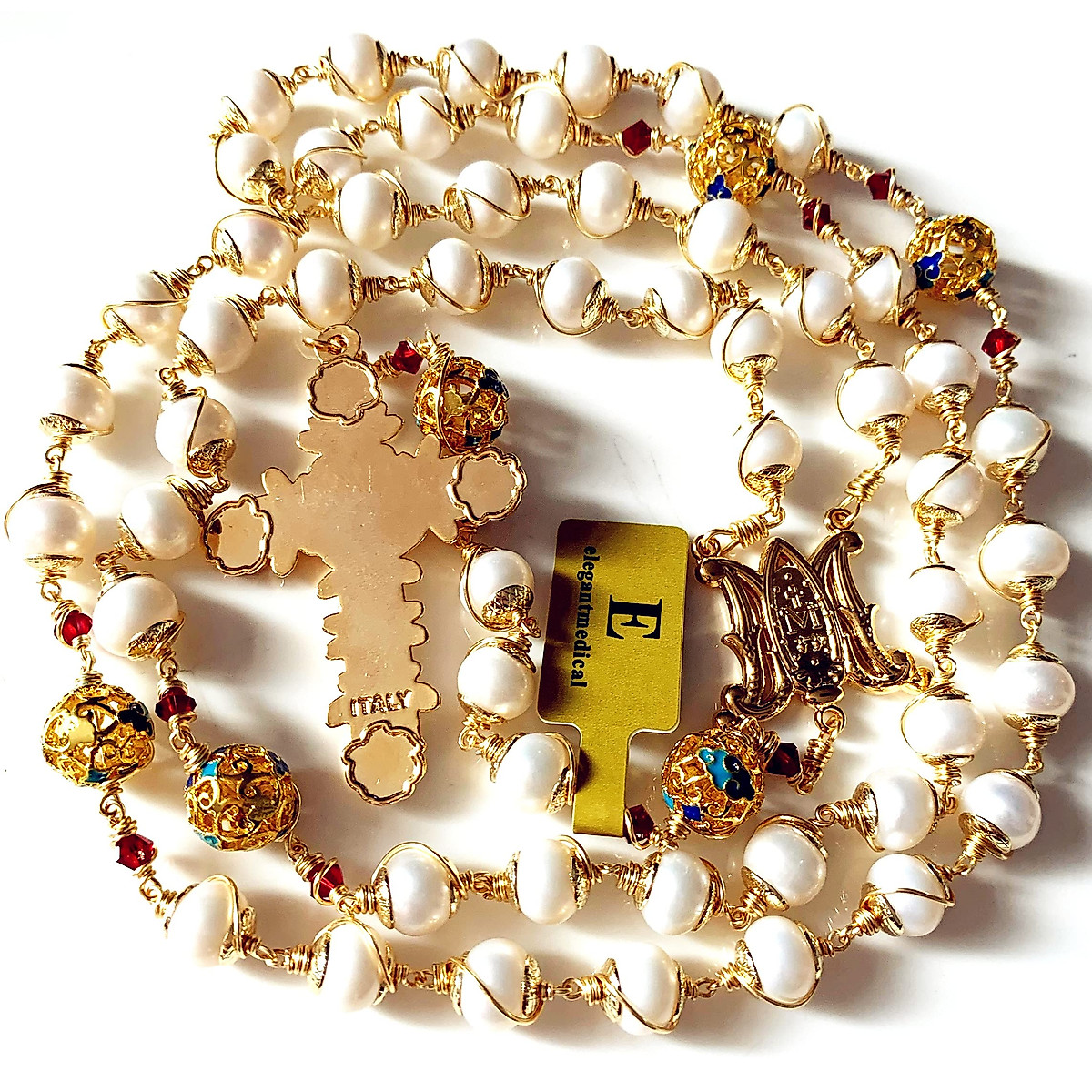 elegantmedical HANDMADE Gold Wire Wrapped Bead AAA White 9mm Real Pearl & Enamel Bead Rosary Cross NECKLACE BOX