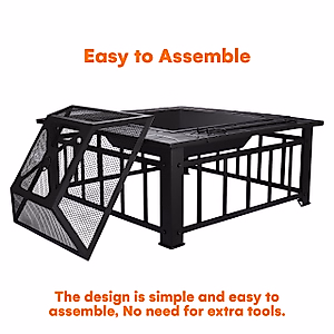 Zorestar 3 in 1 Metal Square Firepit (31.8"Dx31.8"Wx12.5"H-In) - Heavy-Duty & Portable BBQ Stove with Screen Cover & Poker - Wood Burning and Drink Cooling Fire Pit for Patio, Bonfire, Backyard, Deck