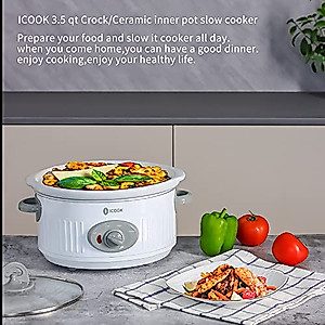 ICOOK Slow Cooker 3.5 Quart USC-351-OG,Dishwasher Safe Crock/Ceramic inner pot and Glass lid,Small Slow Cooker,Oval Shape,White