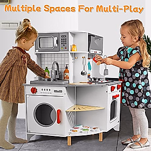 WOODMAM Wooden Kitchen Set for Kids, Corner Play Kitchen with Realistic Lights Sounds, Battery Operated Faucet Burner Range Hood Pot Pan Food, Toy Gift for Boys Girls Age 3+
