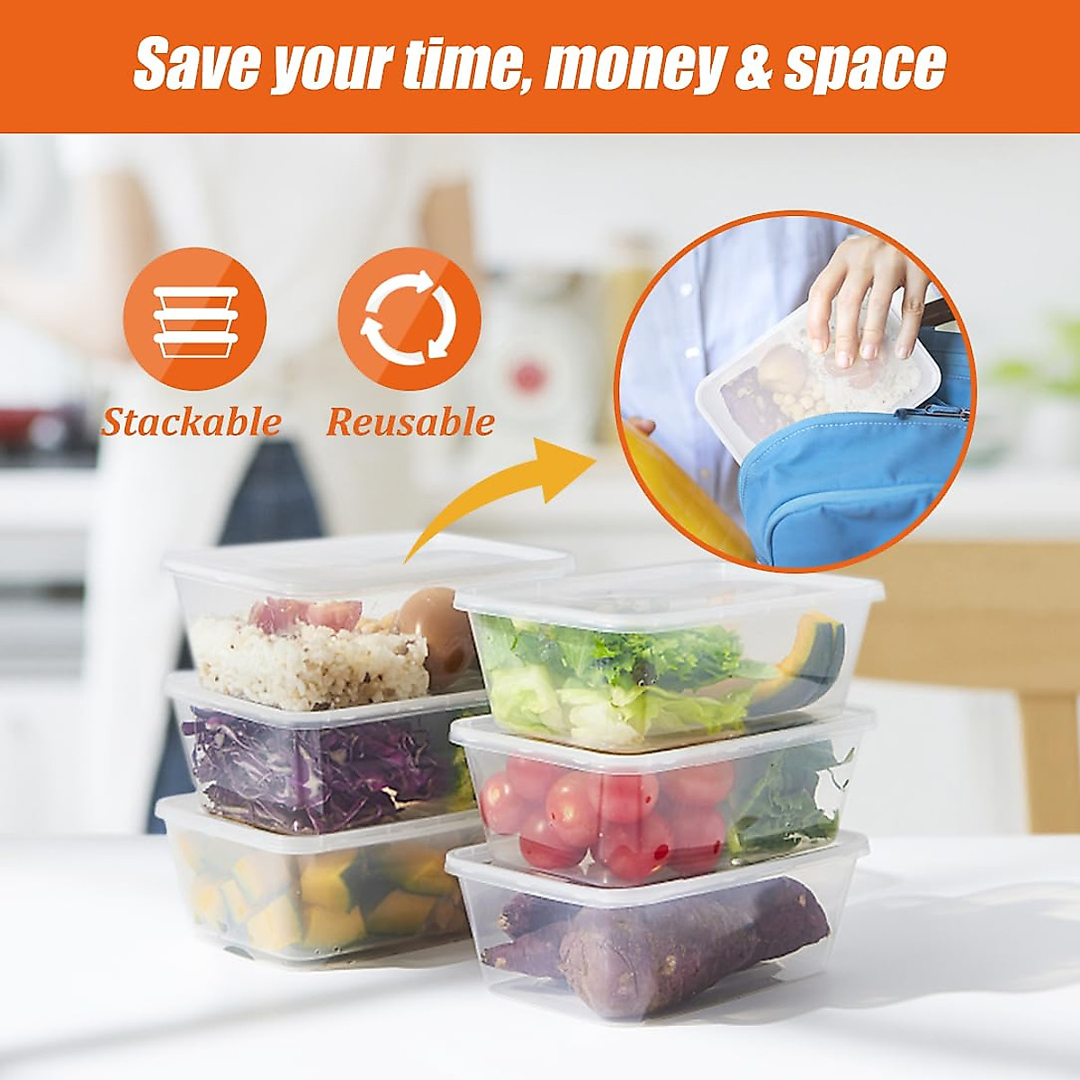 Teivio 100Pack 16oz Disposable Meal Prep Containers, Plastic Food Storage Containers with Lids, Leak proof, Microwave and Freezer Safe,for preparing lunch, snacks, salad or sandwiches (Clear)