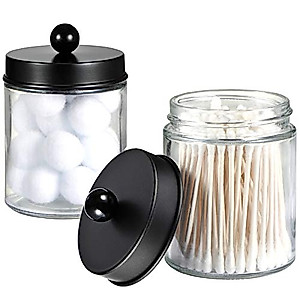 4 Pack Apothecary Jars Bathroom Vanity Storage Organizer Set -Countertop Canister with Stainless Steel Lids &Cute Stickers - Qtip Dispenser Holder for Qtips,Cotton Swabs,Makeup Sponges(Black)