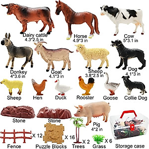Farm Animals Figurines Toys, 53PCS Realistic Plastic Farm Playset with Fences Soil Puzzle Blocks, Farm Figures Learning Educational Toys for Boys Girls, Toddlers Cupcake Topper Birthday Set
