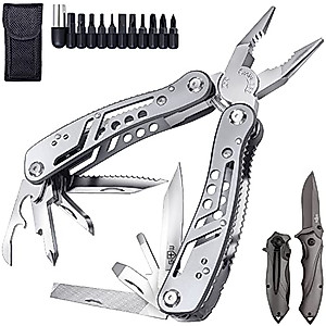 Bundle of 2 Items - Heavy Pocket Knife for Men - Folding Knife with Glass Breaker and Pocket Clip - Tactical Knofe - Multitool 24in1 with Mini Tools Knife Pliers and 11 Bits - Multi Tool All in One