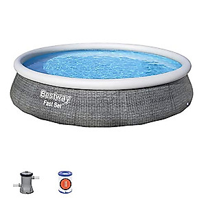 KMS BestWay 13' x 33" Family Garden Outdoor Swimming Pool Fast Set Round Above Ground Rattan Print With Filter Pump 57376 New