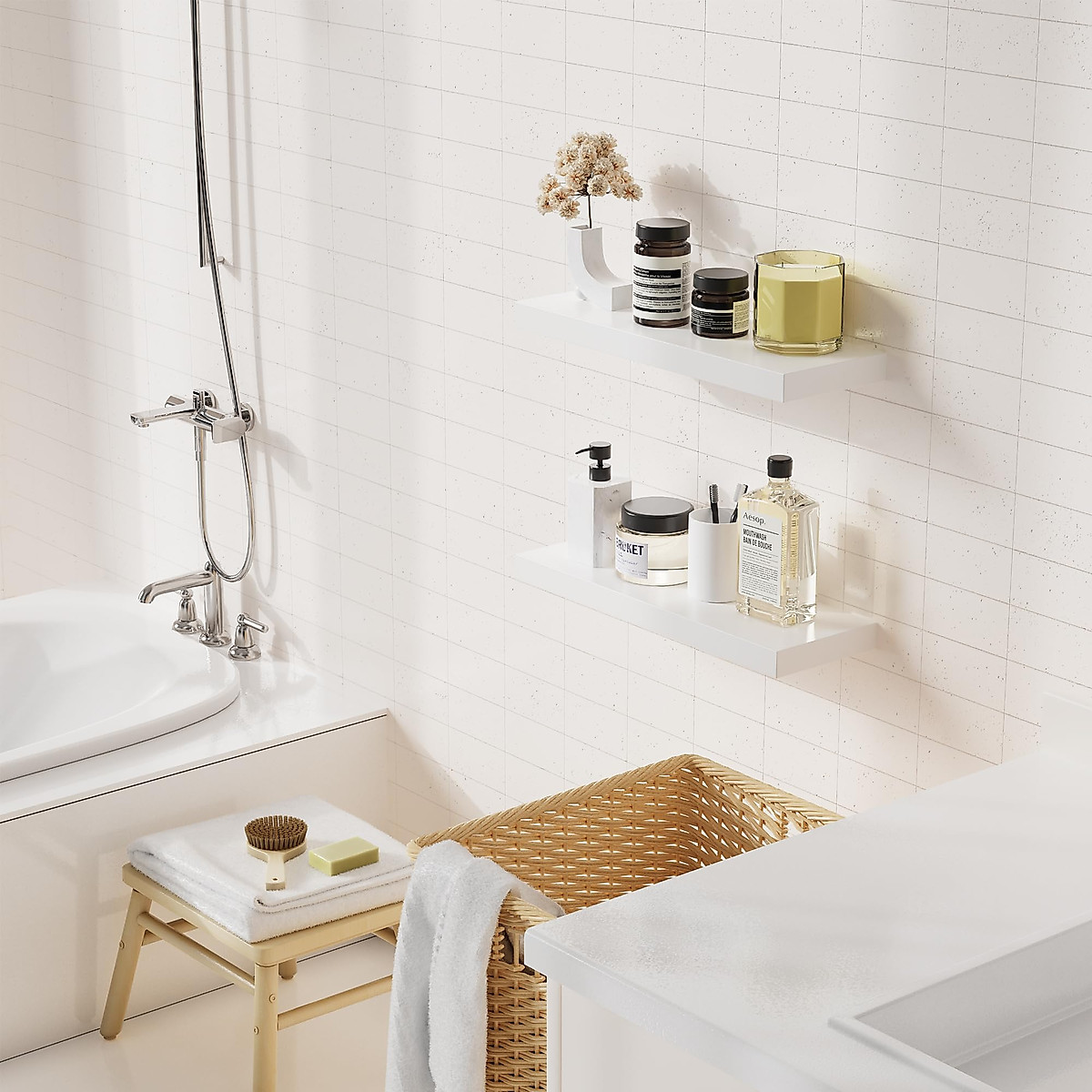 Bellsal Floating Shelves, White Engineered Wood Wall Shelf Set of 2, 15" Wall Mounted Floating Shelf, Hanging Wooden Shelf Invisible with Brackets for Bedroom, Kitchen, Living Room, Bathroom Decor