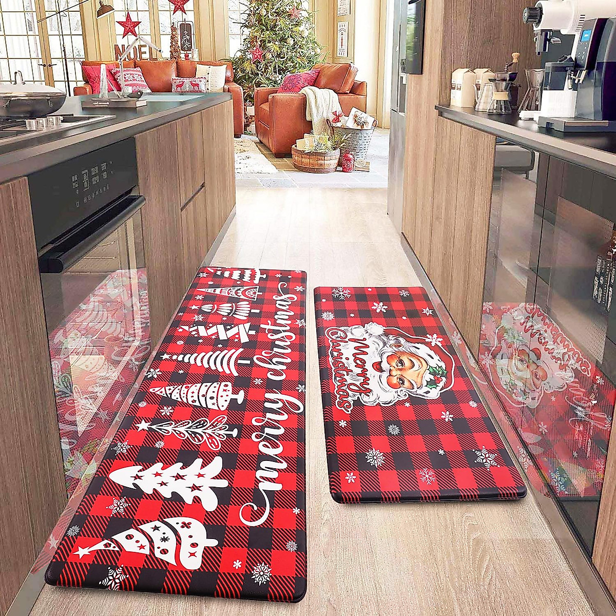 INFISIBLE Christmas Anti Fatigue Kitchen Rugs and Mats Set of 2, Red and Black Buffalo Plaid Kitchen Floor Mats Cushioned Non Slip Washable, Christmas Tree Kitchen Mat Santa Claus Xmas Decor