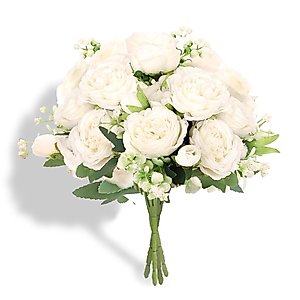 AIPOKE Artificial Persian White Rose 4pcs Bouquet with 20 Heads White Flowers for Home Garden Decor Wedding Party