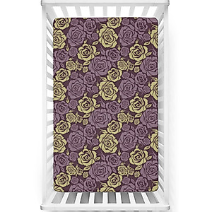 Rose Themed Fitted Mini Crib Sheets,Portable Mini Crib Sheets Toddler Bed Mattress Sheets-Crib Mattress Sheet or Toddler Bed Sheet,24“ x38“,Dark Fuchsia Khaki Pale Eggplant