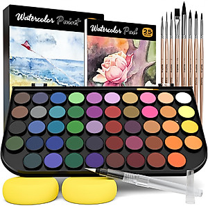 Nicpro Watercolor Paint Set, 48 Water Colors Kit with 8 Squirrel Brushes, Palette, Watercolor Pen, 25 Art Pad Paper, 2 Art Sponges, Non-Toxic Painting Supplies for Kids, Adults, Beginners, Artists