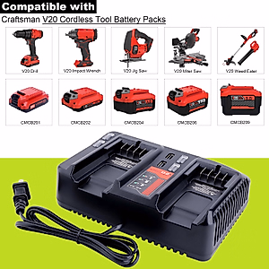 Lasica CMCB124 20V Charger Compatible with Craftsman V20 Series 20 Volt Lithium Batteries, V20 Dual Port, Replacement for Craftsman Battery Charger Station CMCB104 CMCB124